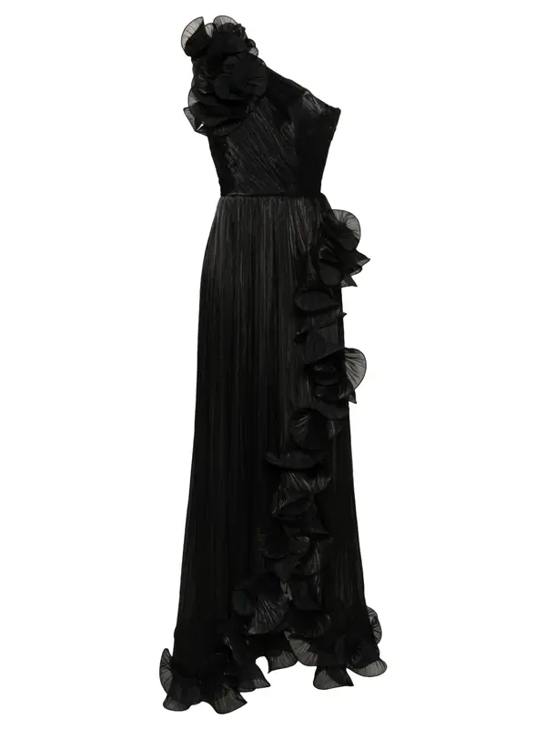 ANA RADU Ruffled Plissé Maxi Dress - Black
