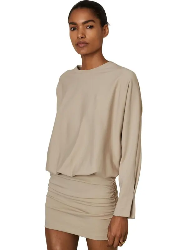 REISS Lorenza Ruched Jersey Blouson Mini Dress - Neutral