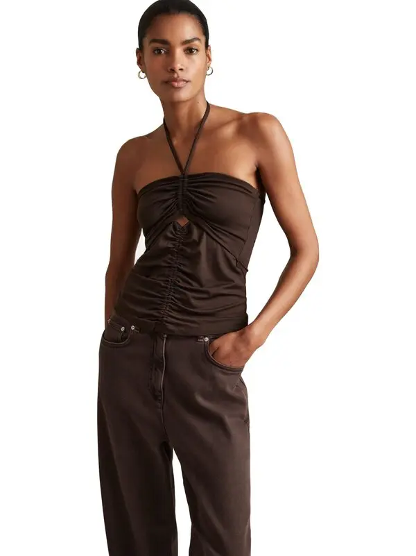 REISS Solare Ruched Halterneck Top - Chocolate