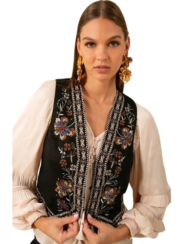 Hale Bob Madeleine Embroidered Linen Vest - Black