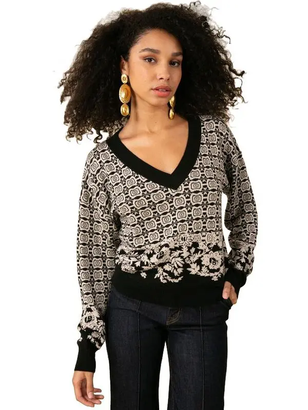 Hale Bob Lilliana Jacquard Sweater - Black / White / Pink / Gray