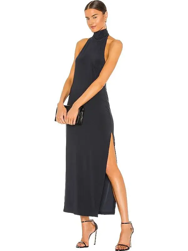 Norma Kamali Halter Turtle Neck Gown With Side Slit - Navy