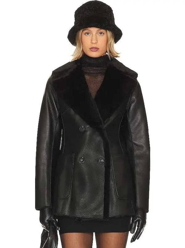 LAMARQUE Camille Double Breasted Faux Leather And Faux Fur Coat - Black