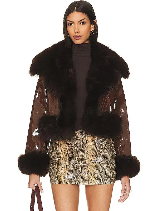 Adrienne Landau Faux Leather & Fur Jacket - Brown