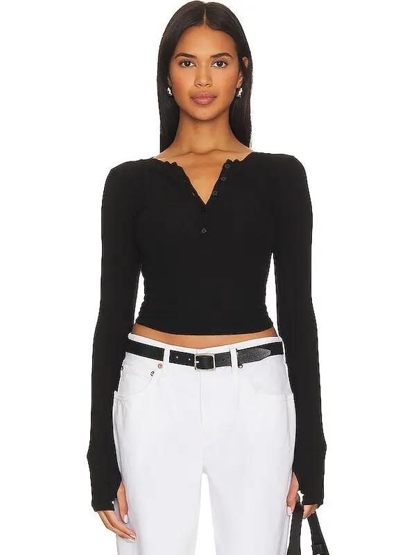 Enza Costa Rib Baseball Henley - Black