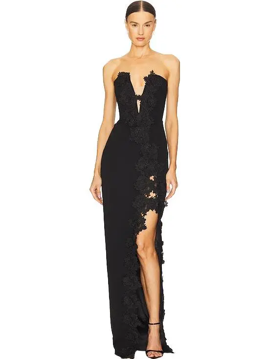 SAU LEE Strapless Gown With Lace Trim - Black
