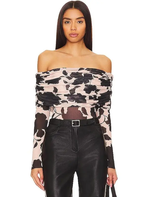 AFRM Maxine Off-the-shoulder Ruched Mesh Bodysuit - Tan