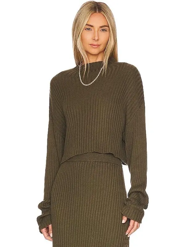 BOBI Ribbed Mockneck Cropped Pullover - Olive