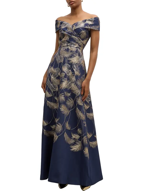 Rickie Freeman For Teri Jon Off-shoulder Metallic Jacquard Gown - Navygold