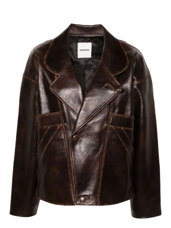 Sandro Oversized Leather Jacket - Brown