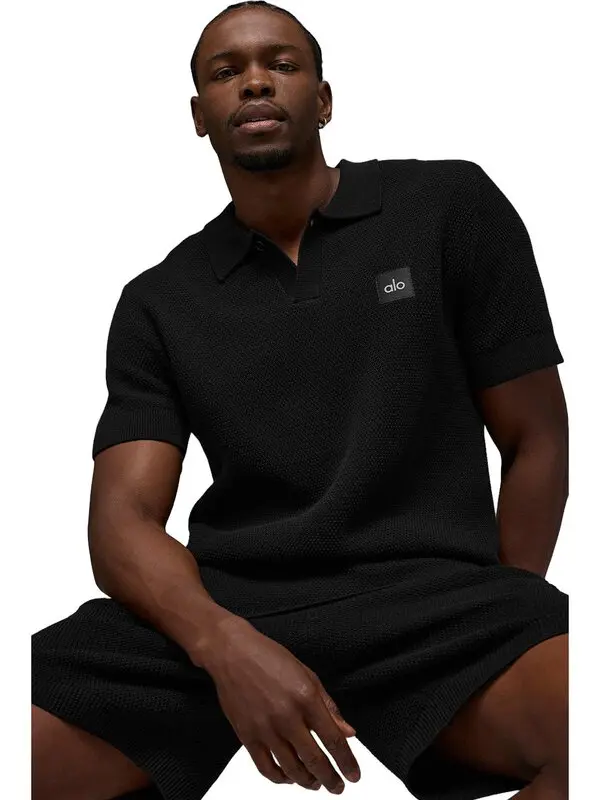 Alo Yoga Sports Club Sweater Knit Polo Top - Black
