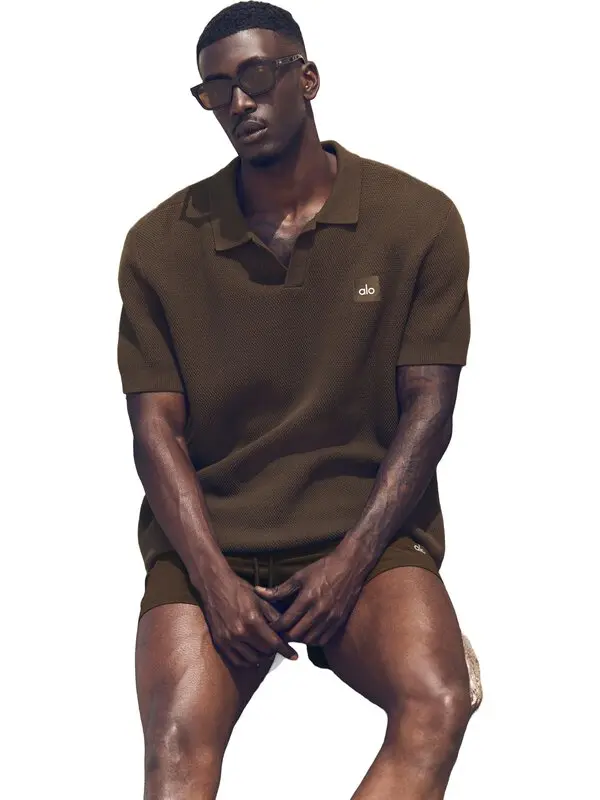 Alo Yoga Sports Club Sweater Knit Polo Top - Espresso