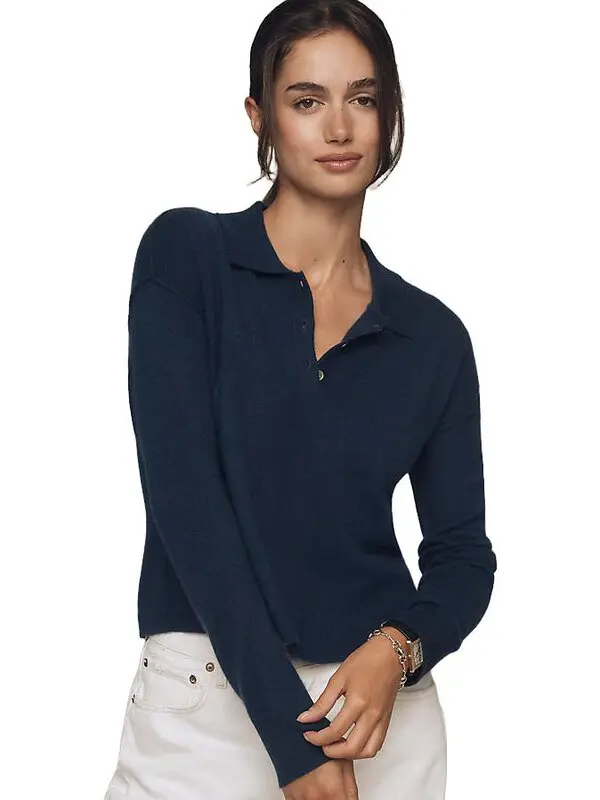 PILCRO The Jensen Cashmere Crop Polo Sweater - Dark Denim