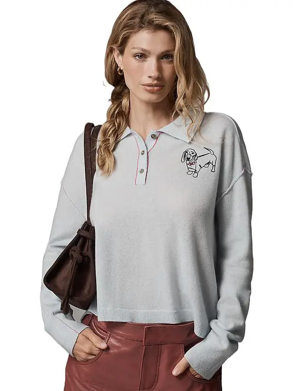 PILCRO The Jensen Cashmere Crop Polo Sweater - Soft Sea