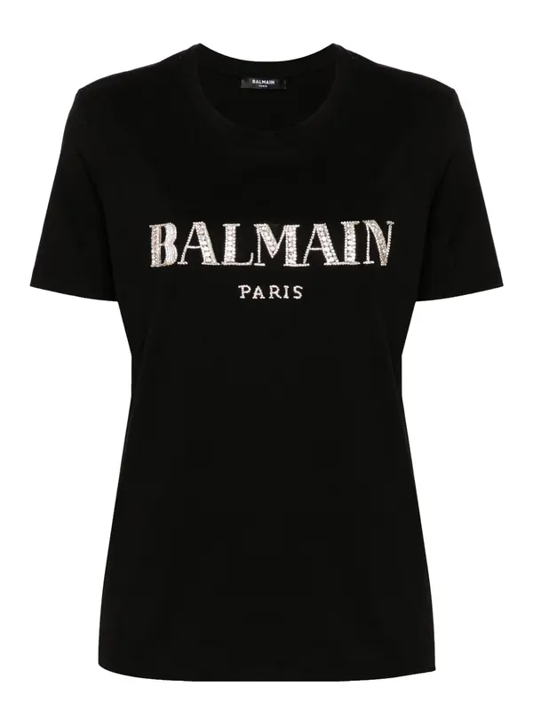 Balmain Crystal-logo Cotton T-shirt - Black