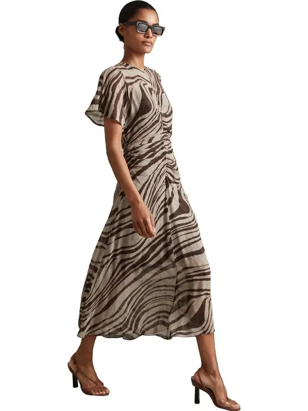 REISS Tabitha Animal Print Midi Dress - Brown/cream
