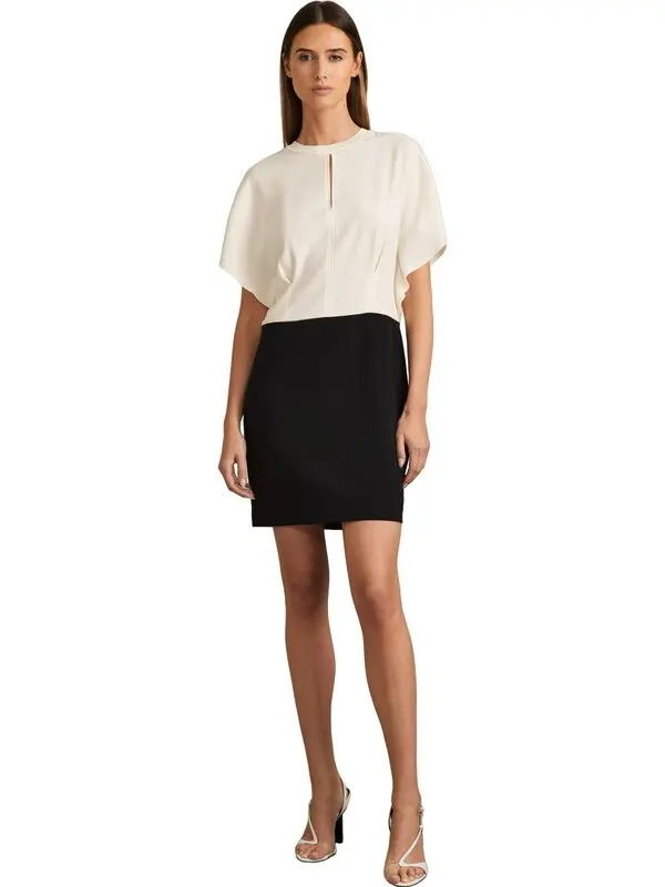 REISS Marlowe Color Block Mini Dress With Draped Sleeves - Ivory/black