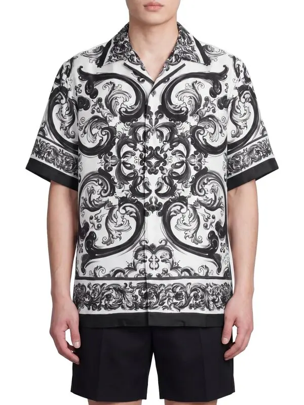 Dolce & Gabbana Silk Bowling Shirt With Short Sleeves And Majolica Print - Black