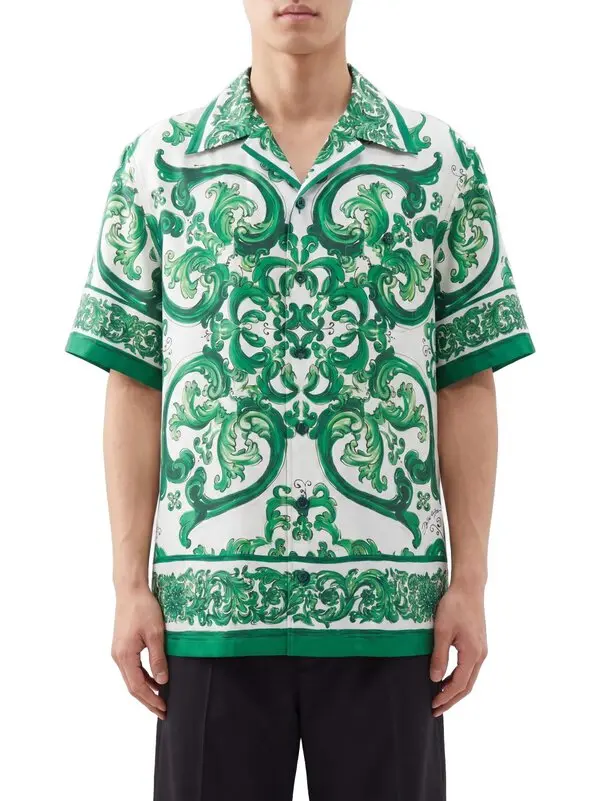 Dolce & Gabbana Silk Bowling Shirt With Short Sleeves And Majolica Print - Green