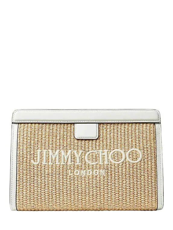 JIMMY CHOO Avenue Logo-embroidered Raffia Pouch - Natural/latte