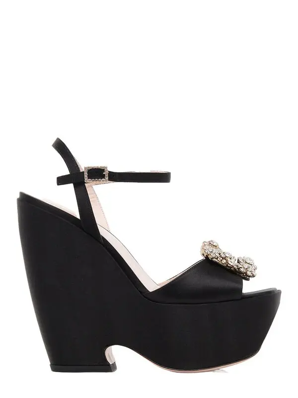 ROGER VIVIER Flower Strass Satin Platform Sandals - Black