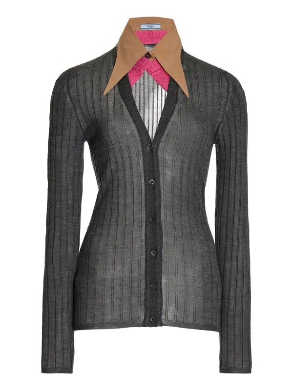 Prada Collared Knit Silk Cashmere Cardigan - Grey