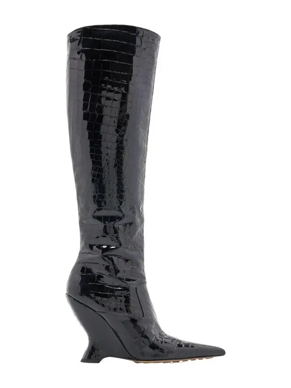 Bottega Veneta Punta Gloss Croc-embossed Leather Boots - Black