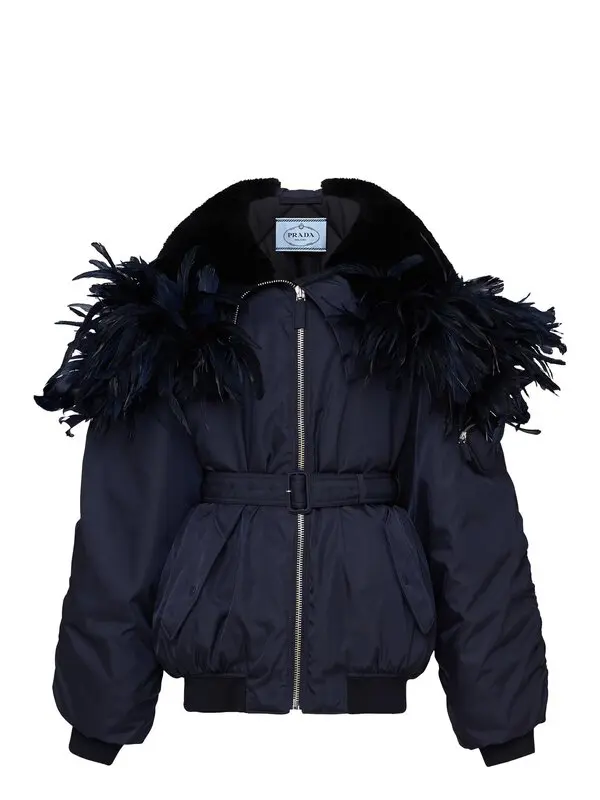 Prada Re-nylon Feather-trimmed Bomber Jacket - Blue