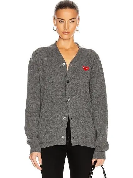 Play Comme Des Garcon Lambswool Cardigan With Red Emblem - Medium Grey