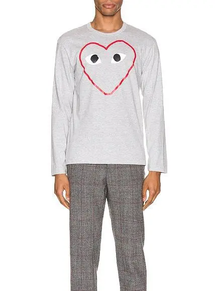 Play Comme Des Garcon Heart Logo Long Sleeve Tee - Grey