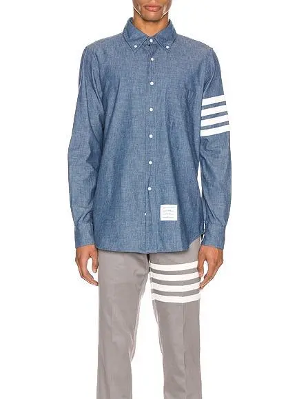 Thom Browne Straight Fit Button Down Long Sleeve Shirt - Blue