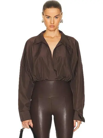 Norma Kamali Super Oversized Boyfriend Shirt Bodysuit - Chocolate