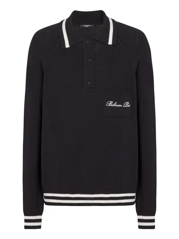 Balmain Logo-embroidered Long-sleeved Polo Shirt - Black