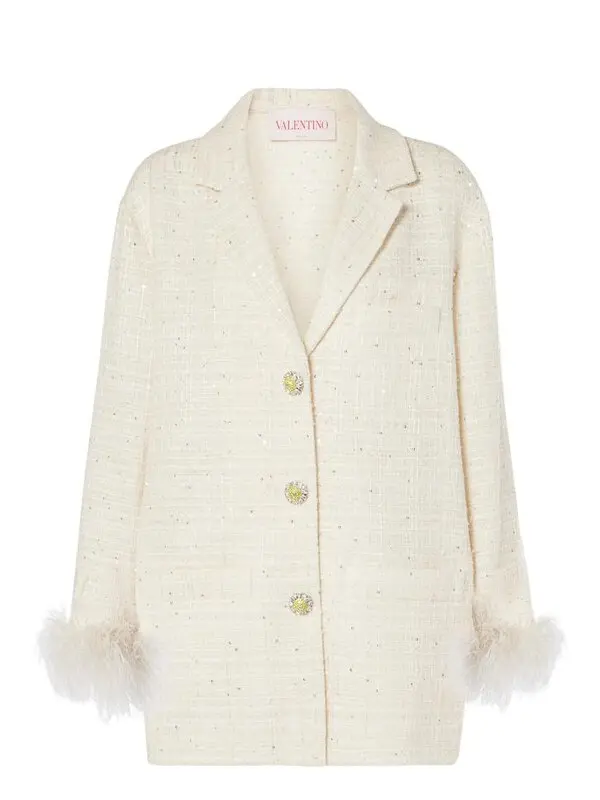 Valentino Garavani Mossi Feather-trimmed Tweed Jacket - White