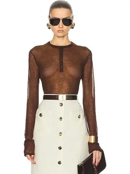 Saint Laurent Long Sleeve Henley Top - Marron