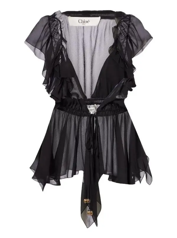 Chloé Gathered Silk Georgette Top - Black