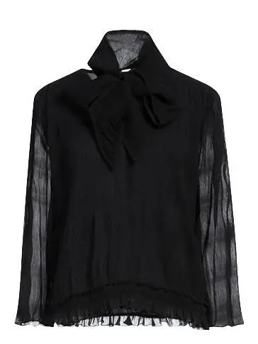 GANNI Crepe Pleated Ruffled Long Sleeve Blouse - Black