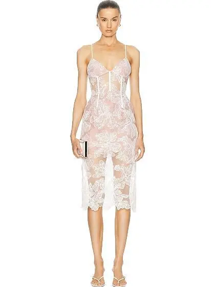 FLEUR DU MAL Sequin Floral Embroidered Midi Dress - Ivory