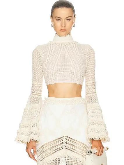 PatBO Woven Bell Sleeve Cropped Top - Wheat