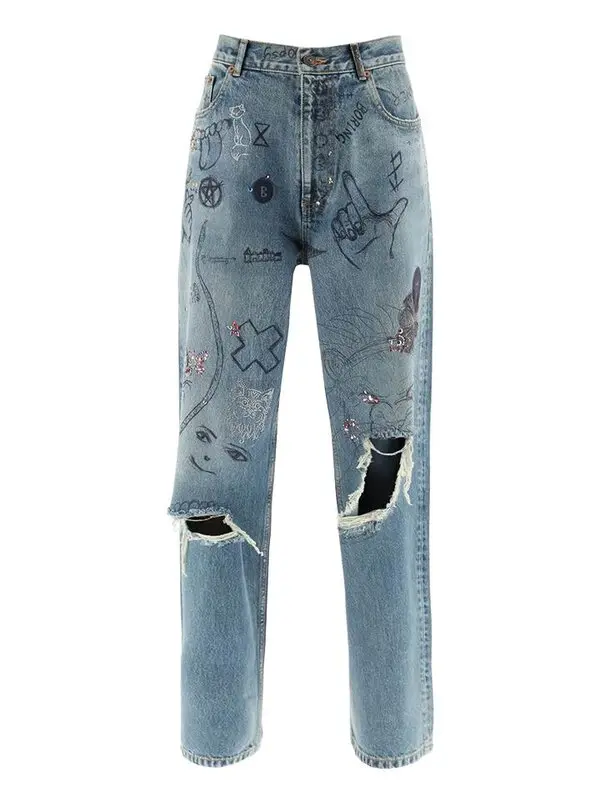 Balenciaga Printed Wide Leg Jeans - True Blue