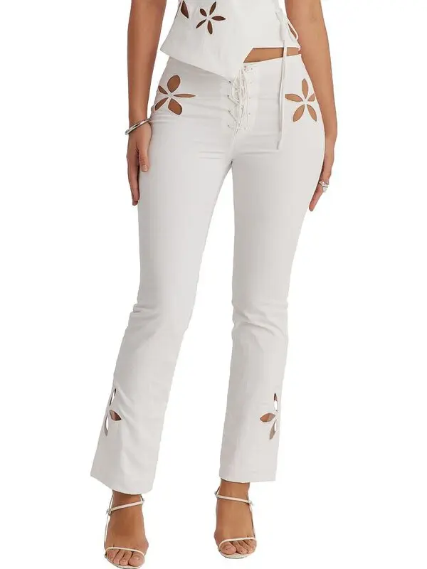 MISTRESS ROCKS Floral Cutout Lace-up Pants - Cloud