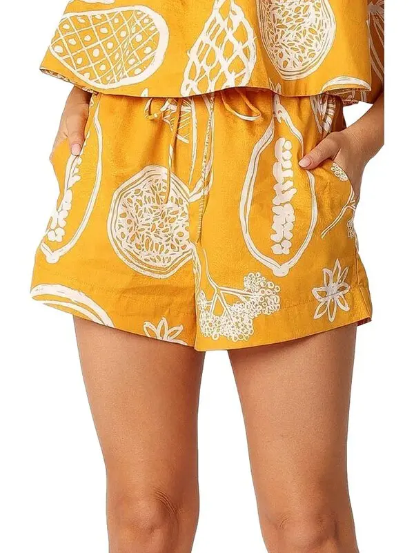 PETAL & PUP Honey Mixed Print Cotton & Linen Drawstring Shorts - Yellow