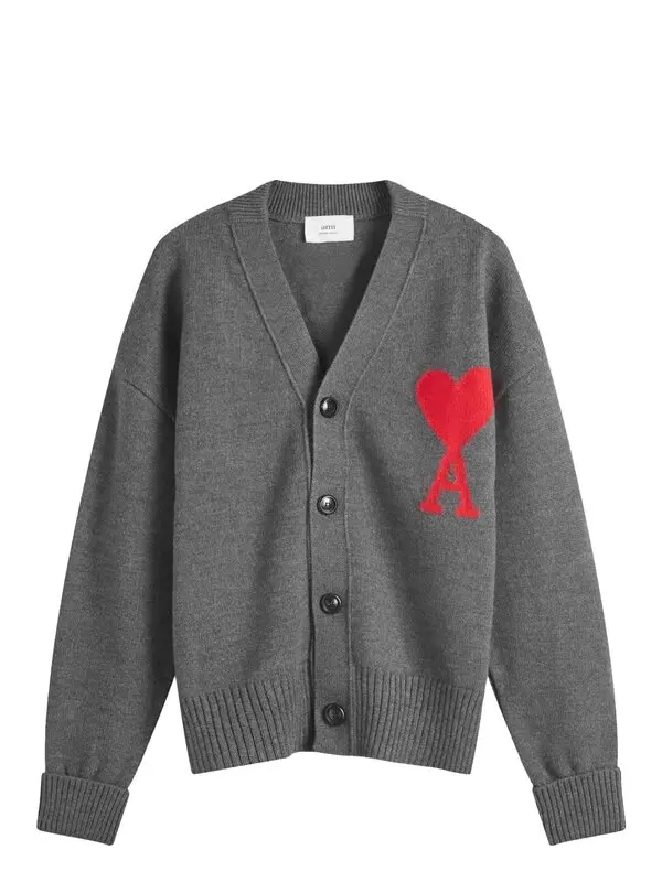 Ami A Heart Merino Wool Cardigan - Grey