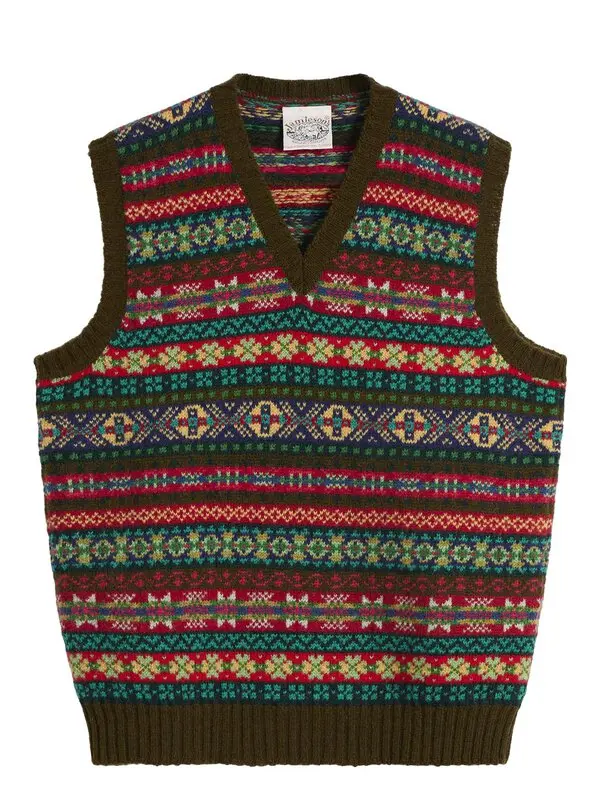JAMIESON'S OF SHETLAND Fair Isle V-neck Vest - Olive