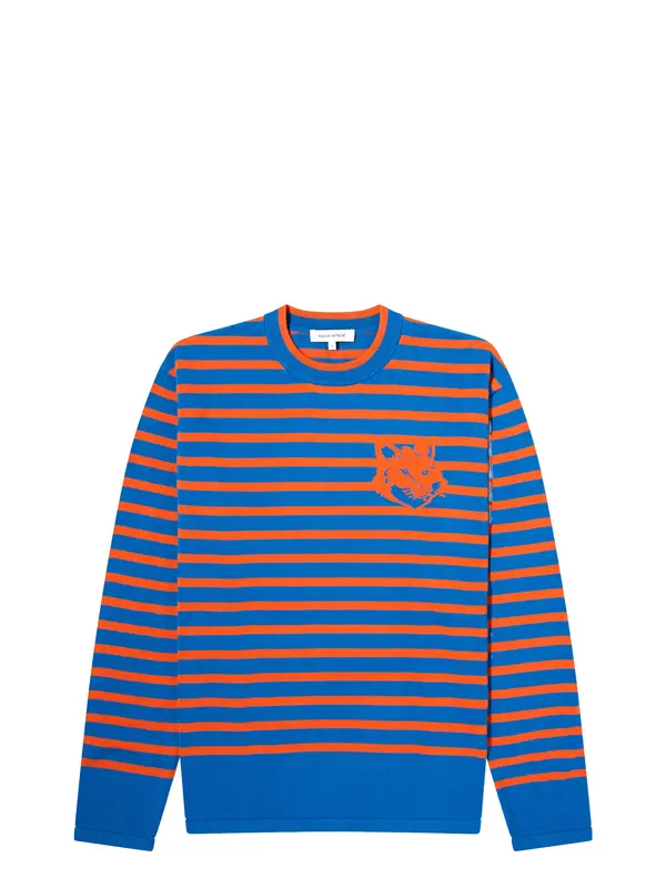 Maison Kitsuné Fox Head Intarsia Stripe Sweatshirt - Hampton Blue/tobacco Stripe