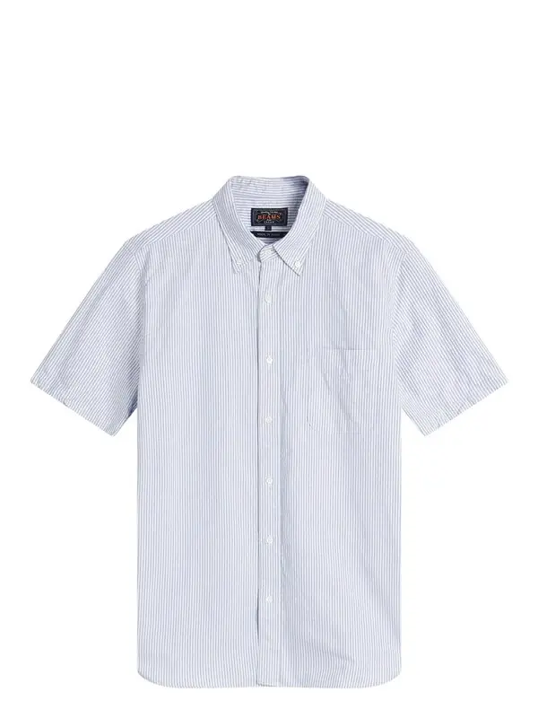 BEAMS Button Down Short Sleeve Shirt - Blue Candy Stripe