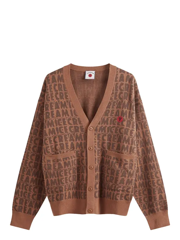 ICECREAM Text Print Knit Cardigan - Brown