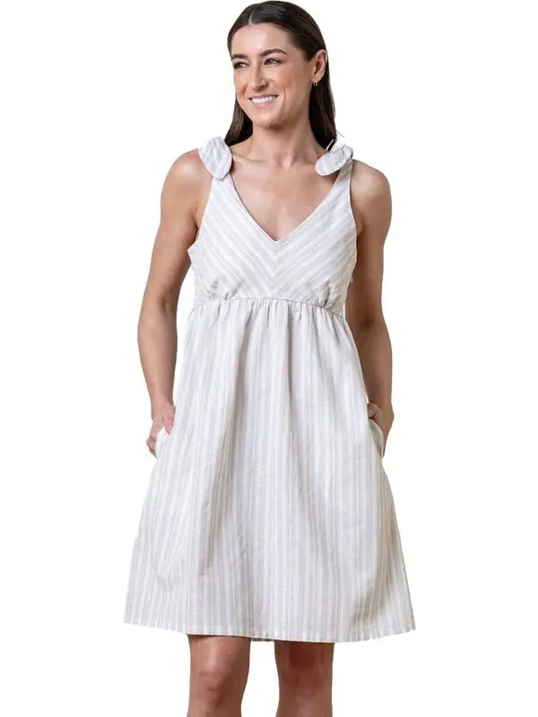 HOPE & HENRY Bow Shoulder A-line Dress - Stone Stripe Linen