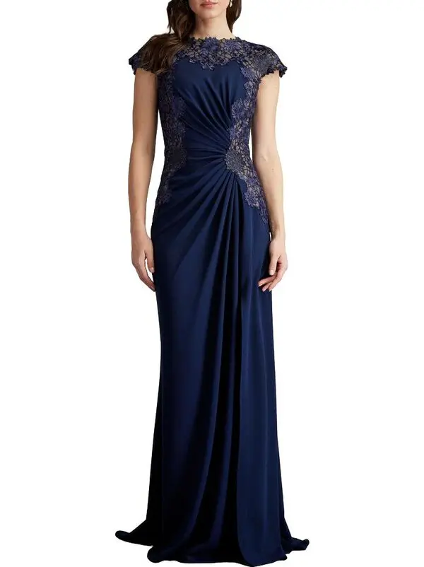 Tadashi Shoji Embroidered Side Ruched Gown - Midnight