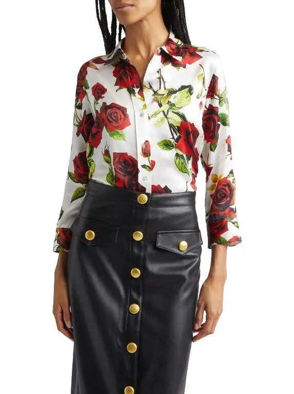 L'Agence Rose Print Silk Shirt - White/red Romantic Rose